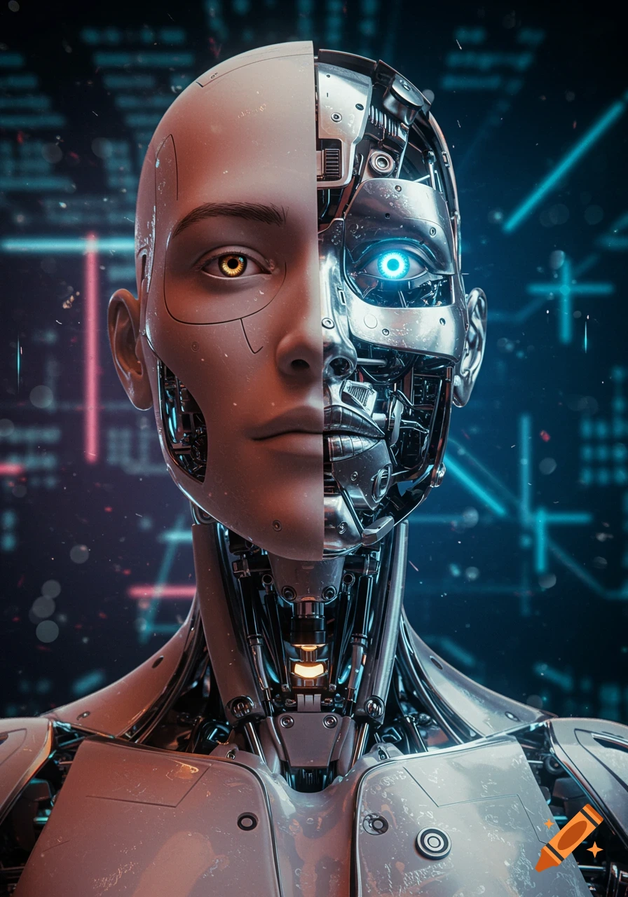 Line drawing of a futuristic female robot with glowing blue eyes and ...