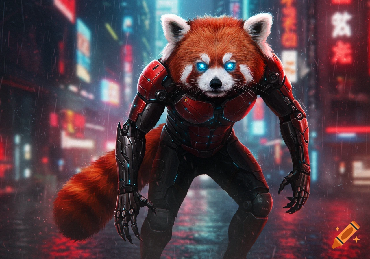 A cybernetic red panda with glowing blue eyes in a red and black suit ...