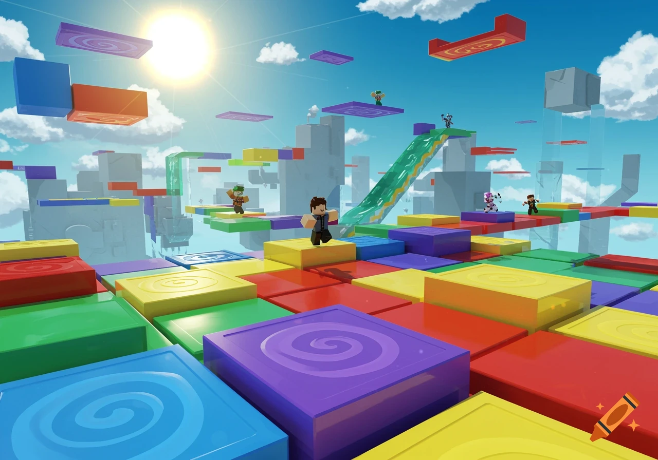 A 3D rendered Roblox character stands on a path in a colorful, blocky world with fluffy pink ...