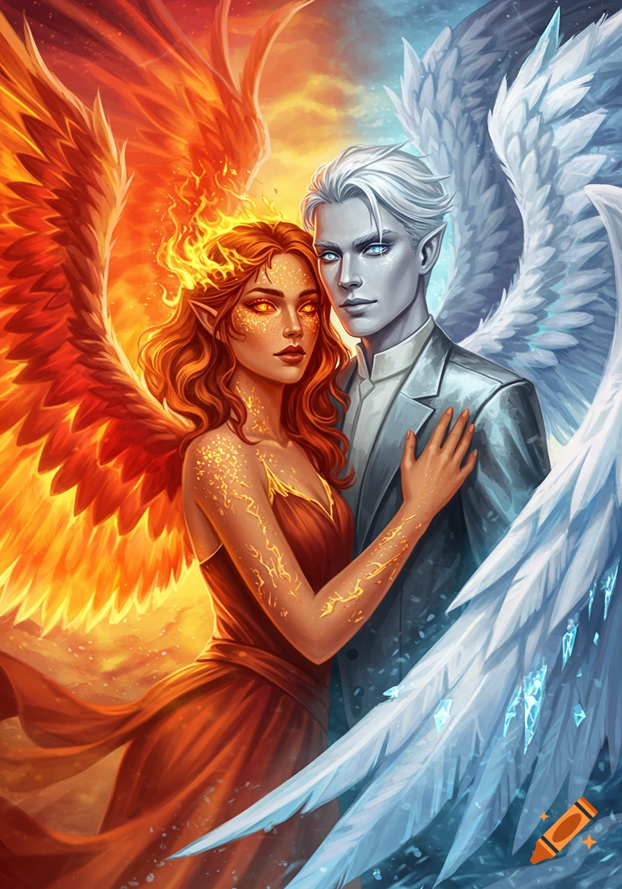 A digital painting of a fire-themed female angel and an ice-themed male ...