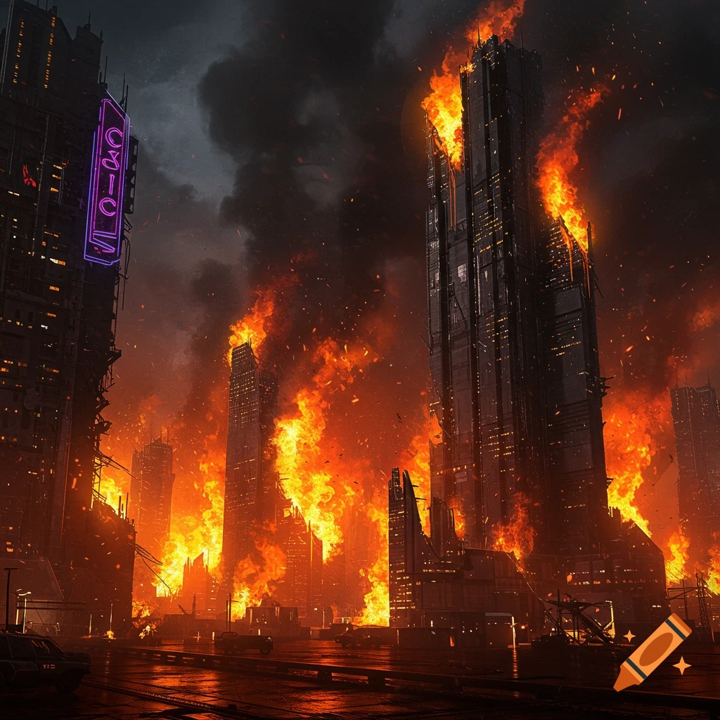 A burning city at night with tall buildings engulfed in orange flames ...