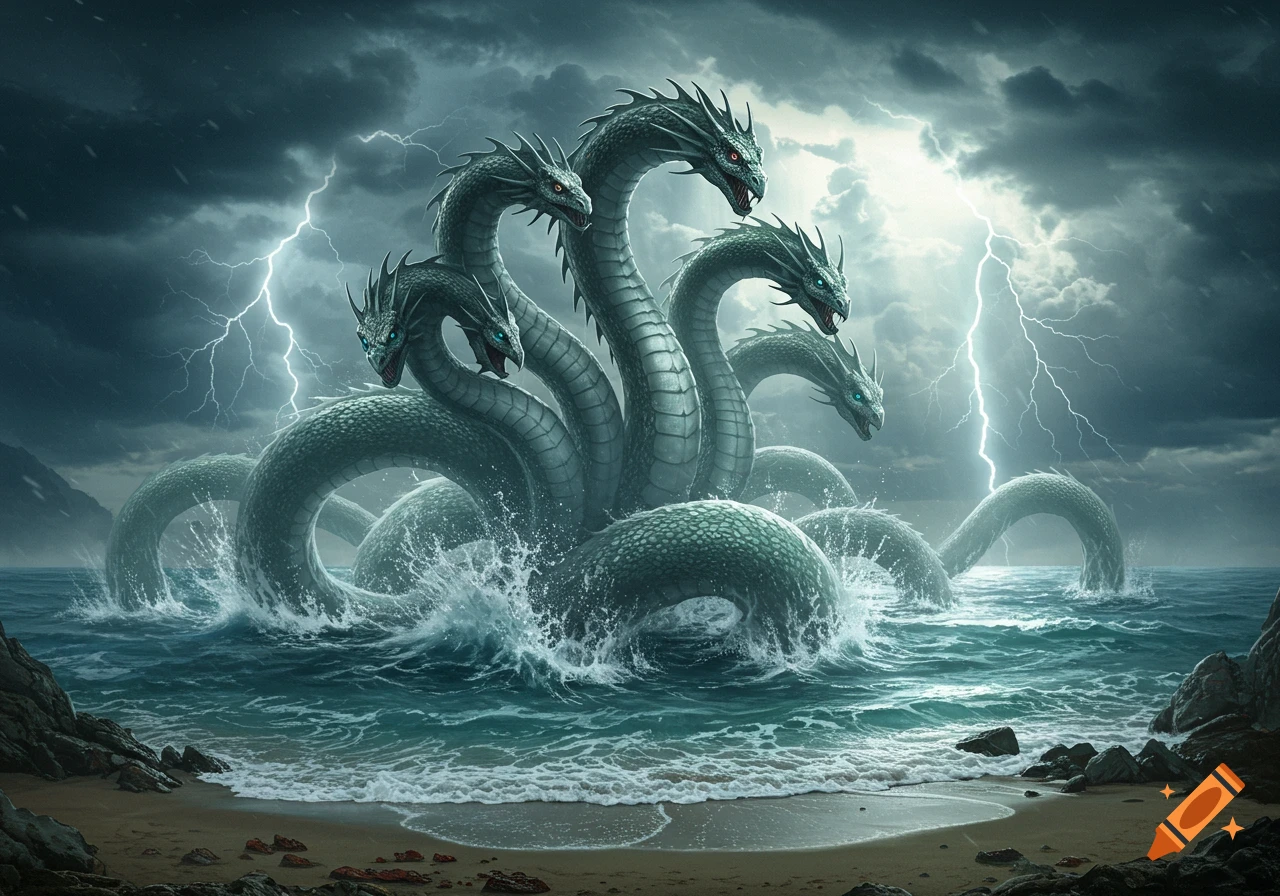 A massive, multi-headed sea serpent emerges from stormy ocean waters ...