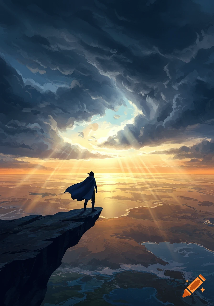 A person reaches up to a glowing hand descending from a stormy ...