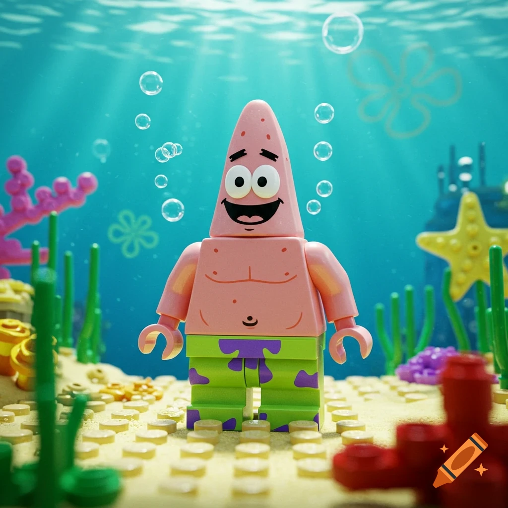 A Lego Patrick Star minifigure stands on a sandy Lego seabed with light ...