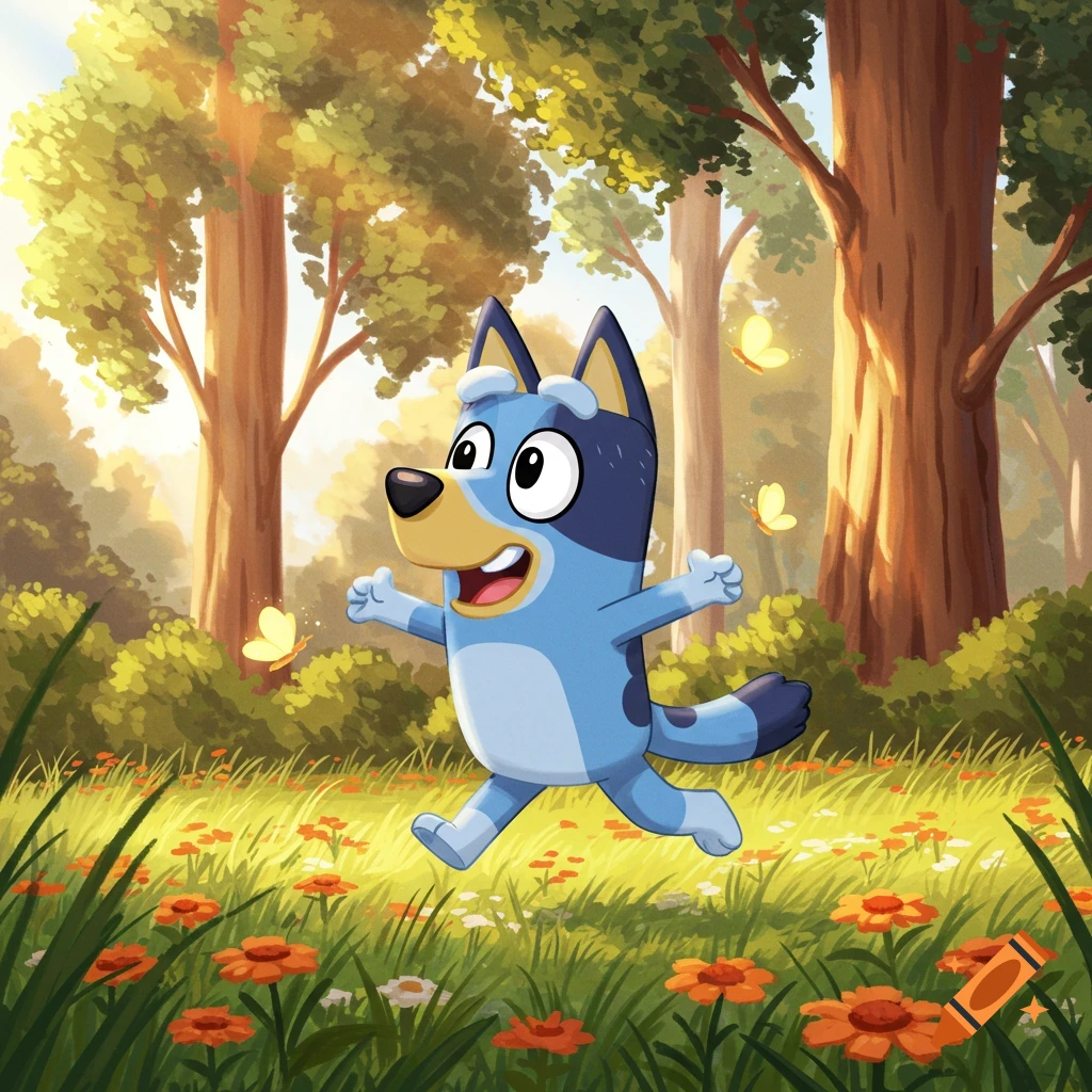 A cartoon blue dog-like character, Bluey, floats through a vibrant ...