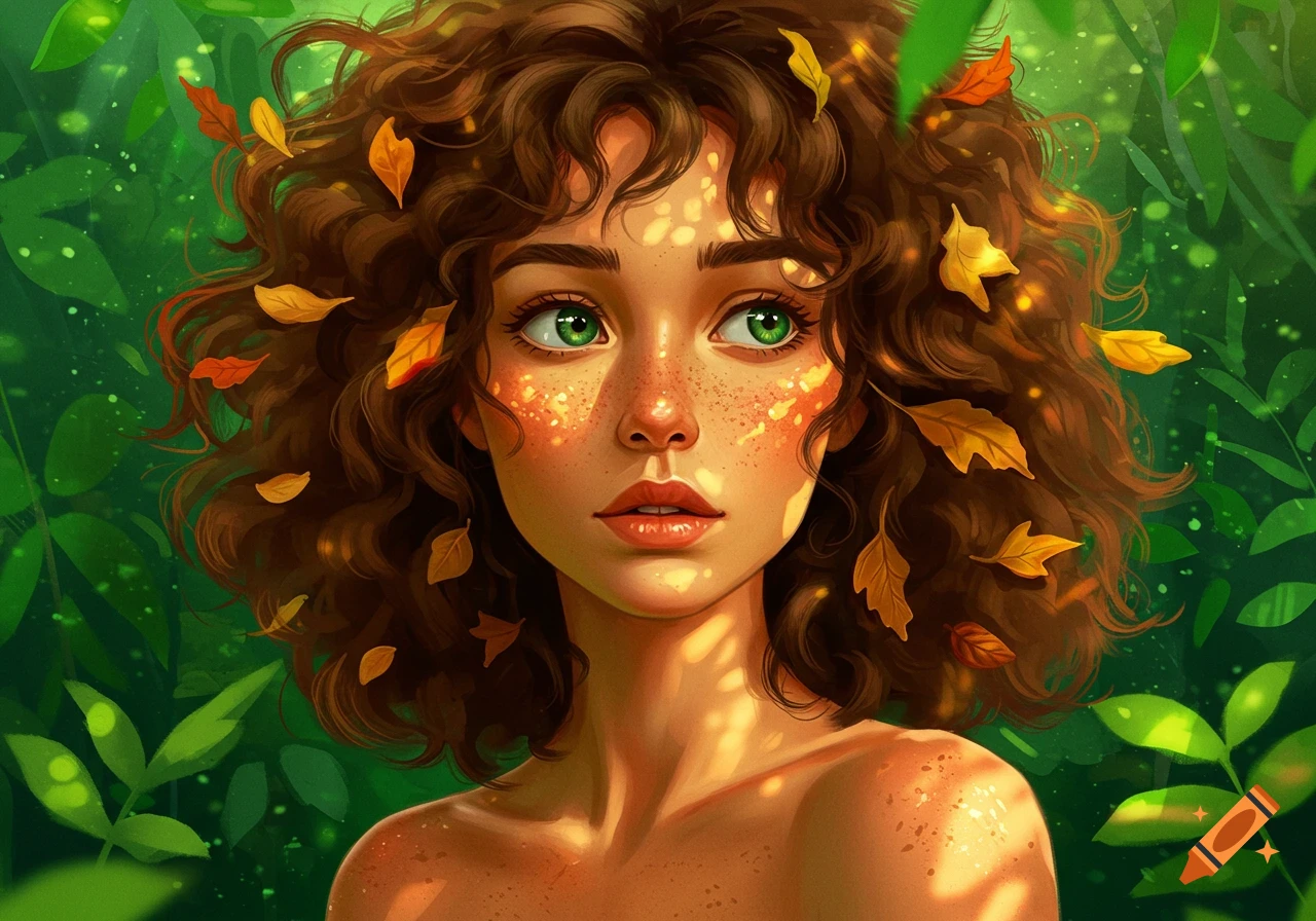 A red-haired dryad with wooden skin and antlers sits in an autumn ...