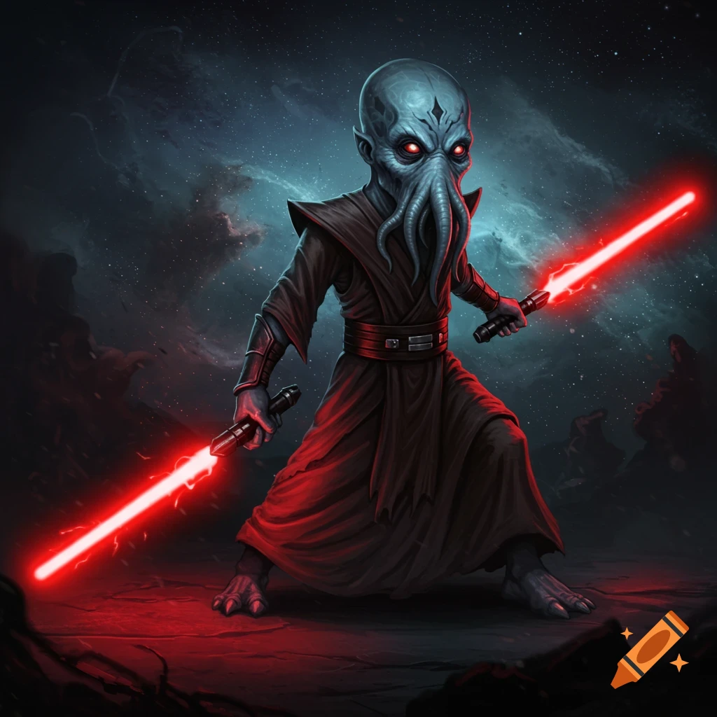 A Cthulhu-inspired alien in dark robes wields two red lightsabers ...
