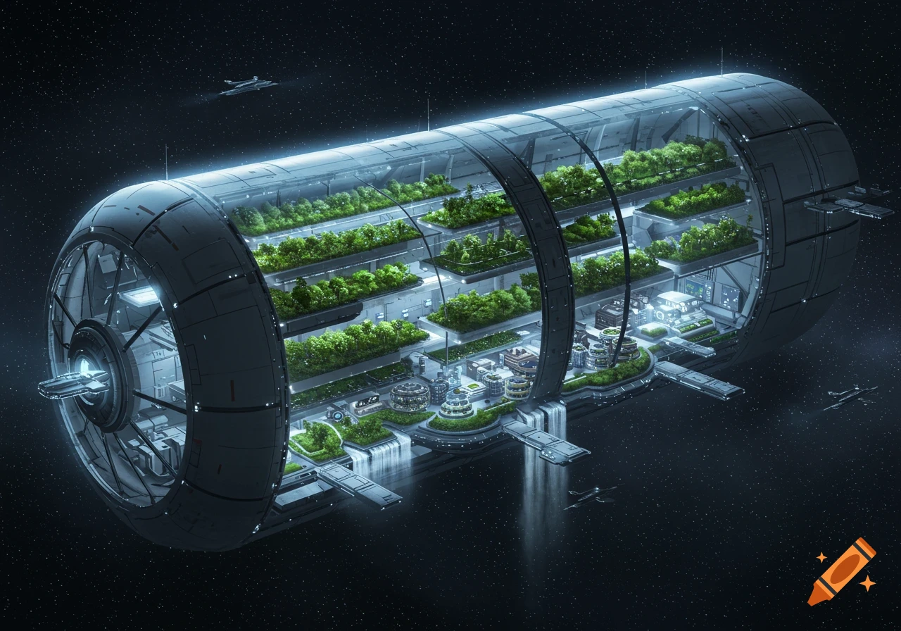 A large cylindrical space station with multiple levels of lush green ...