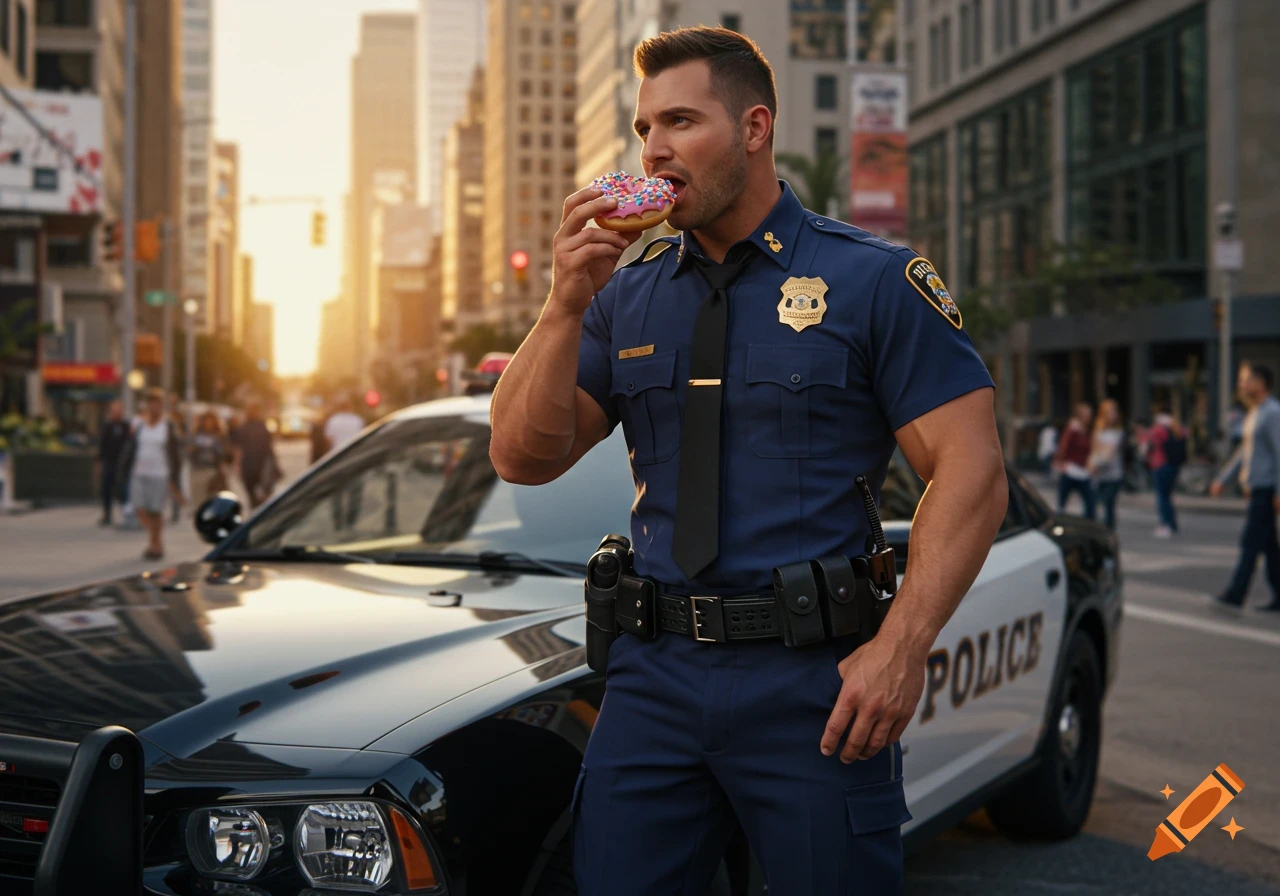 A muscular police officer in uniform stands next to a police car on a ...