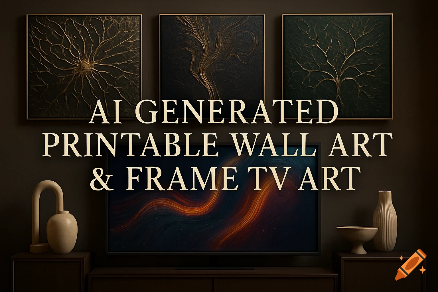Text 'AI GENERATED PRINTABLE WALL ART & FRAME TV ART' over three framed ...