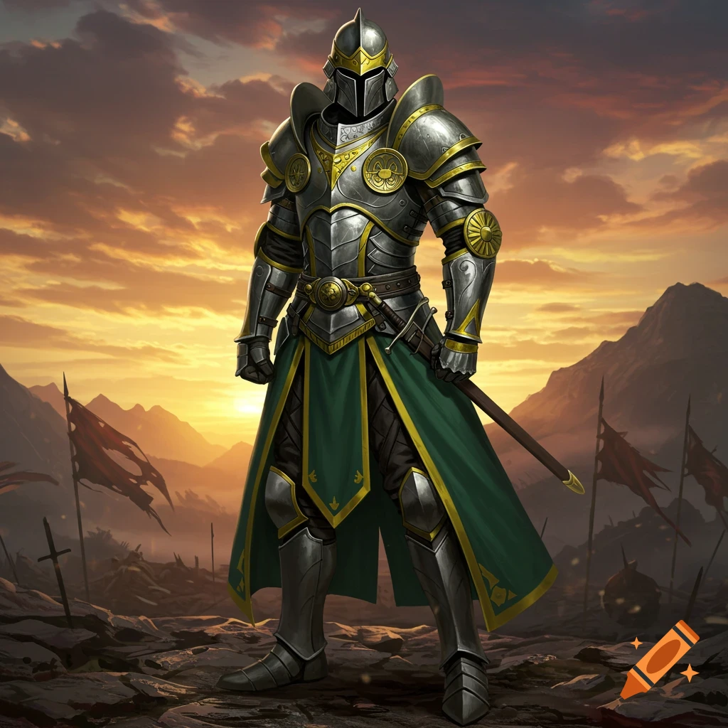 A detailed suit of black and gold medieval armor stands in a dimly lit ...