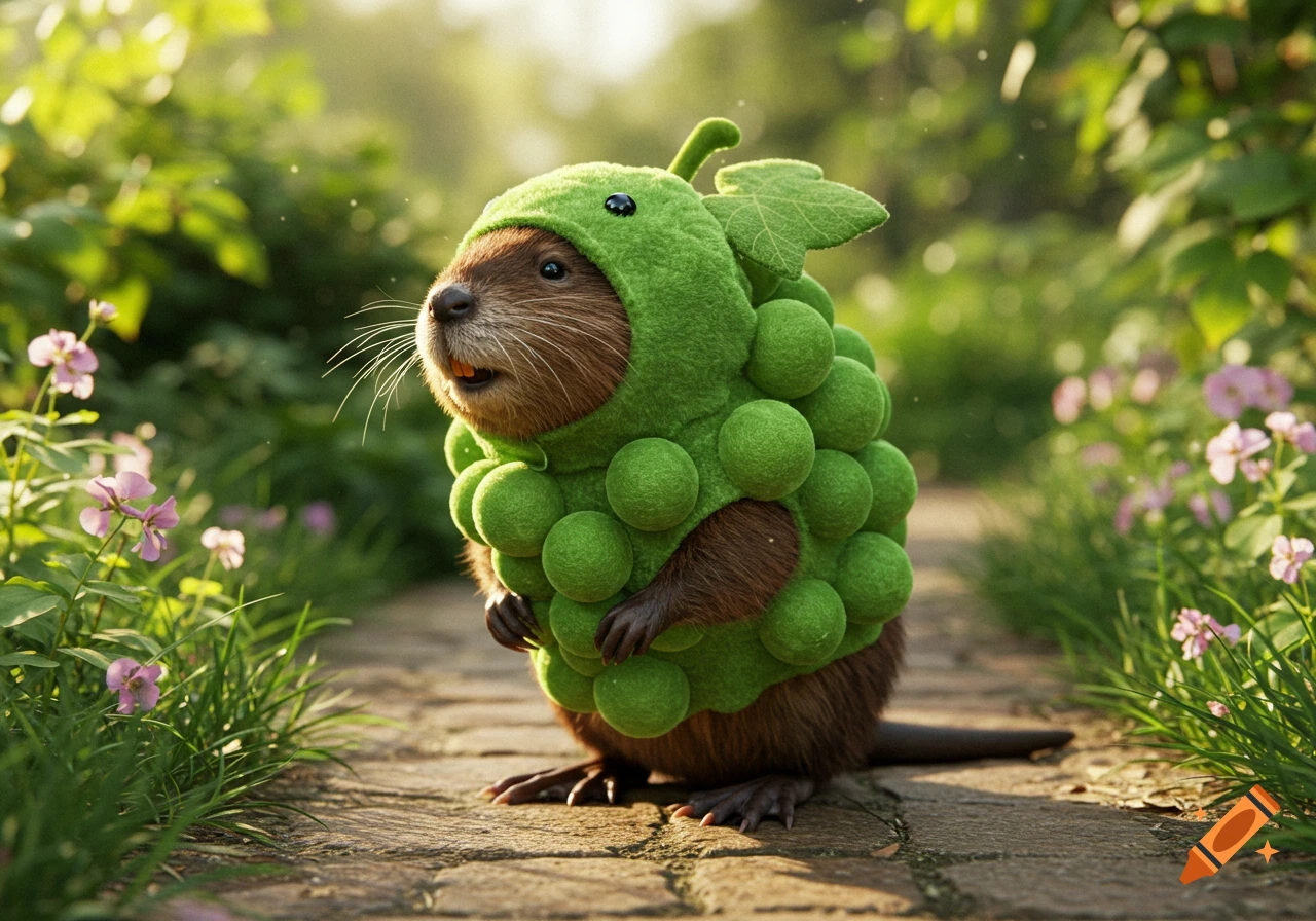 A cute photorealistic muskrat wearing a green grape costume walks on a ...