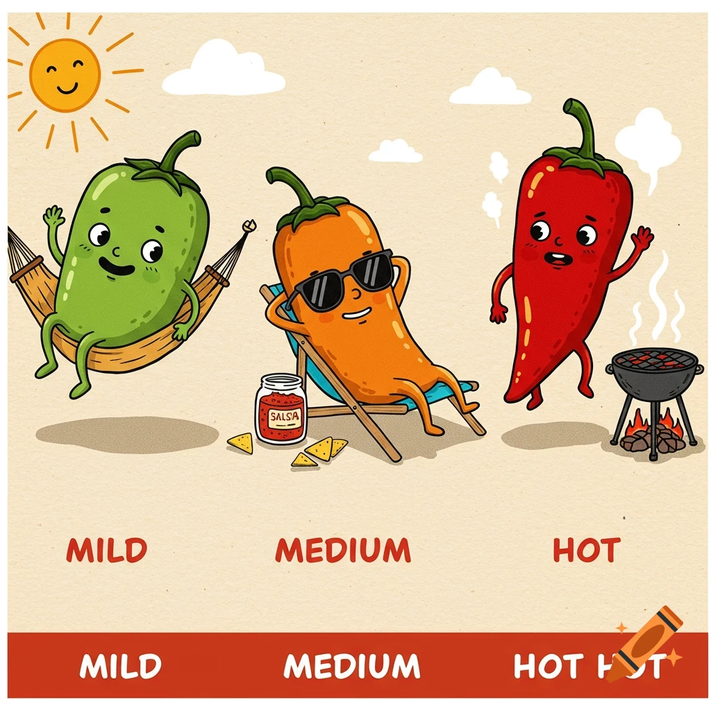 Cartoon illustration of three chili peppers: mild green in a hammock ...