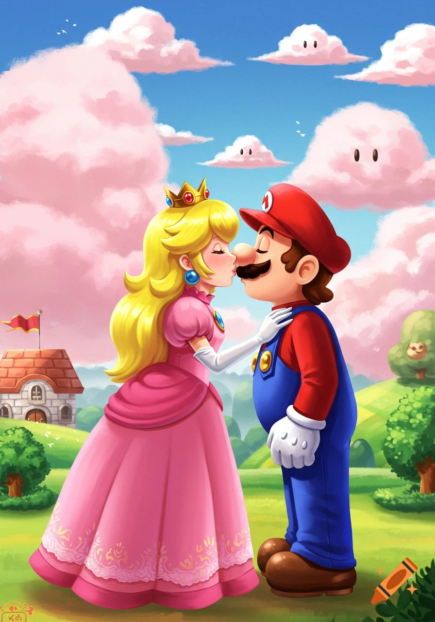 Cartoon illustration of Mario and Princess Peach holding hands in a ...
