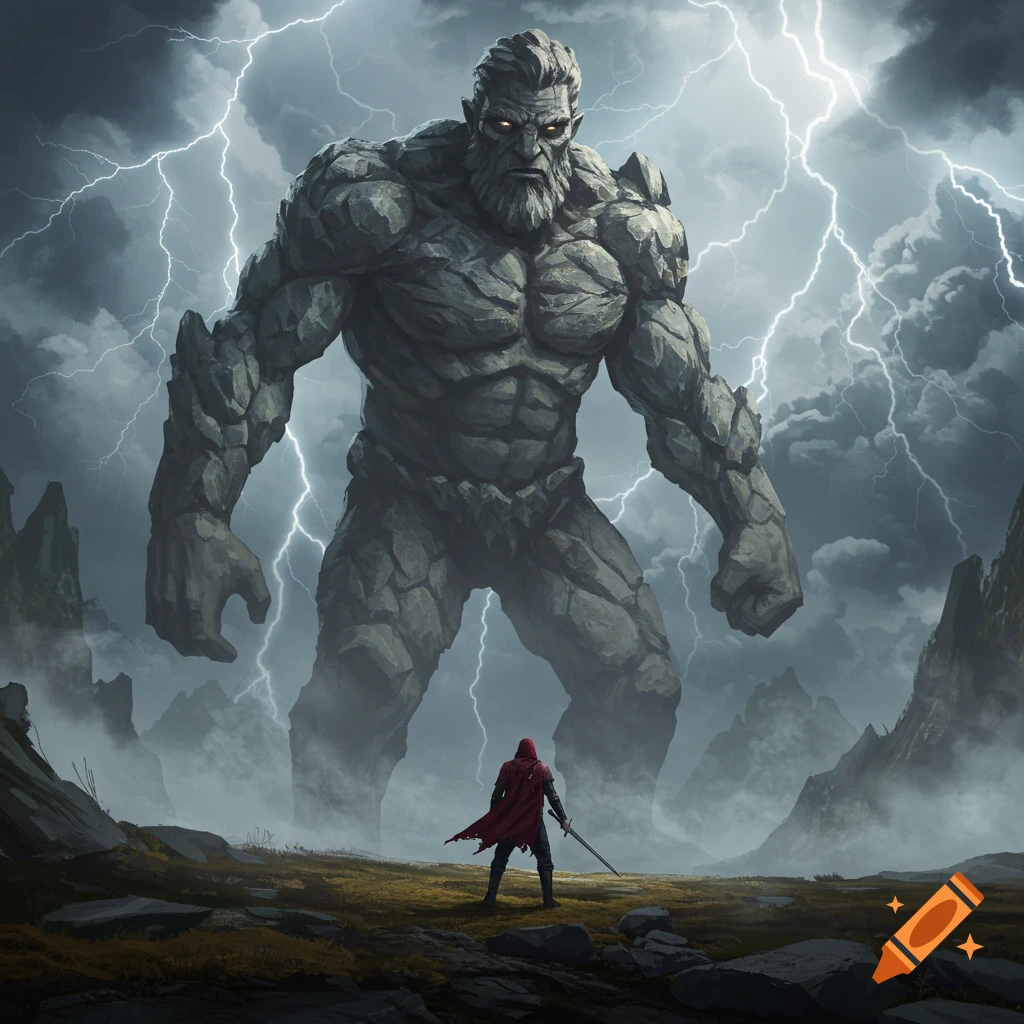 A tiny figure with a sword faces a towering stone giant with glowing ...