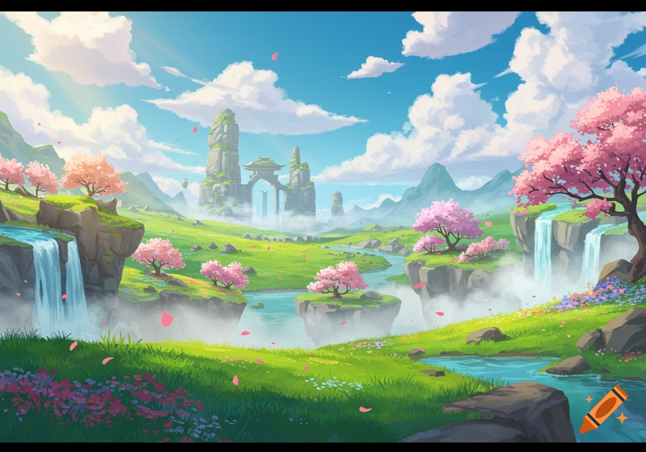 A vibrant fantasy landscape with a glowing crystal castle, floating ...