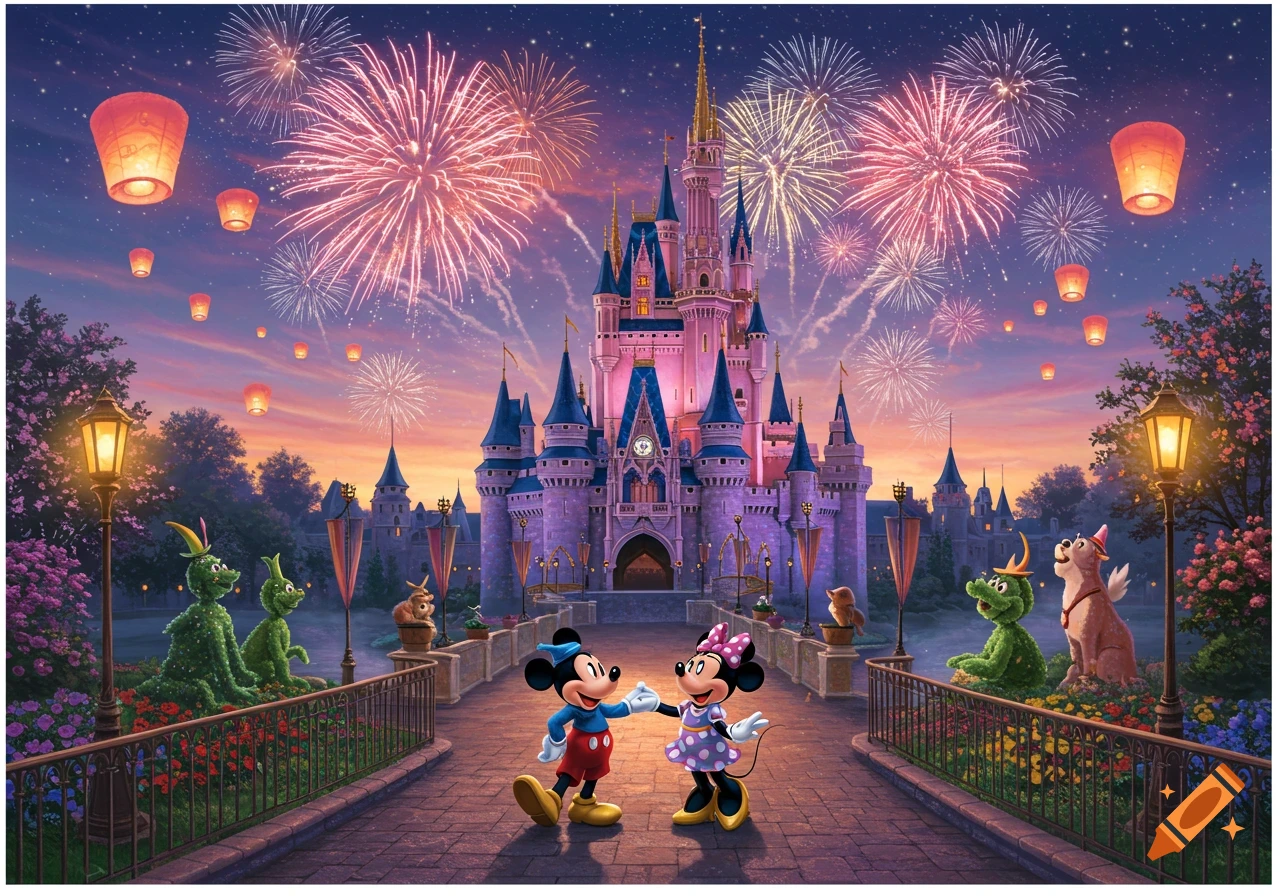 Mickey Mouse and cartoon characters on a cobbled path overlooking a ...