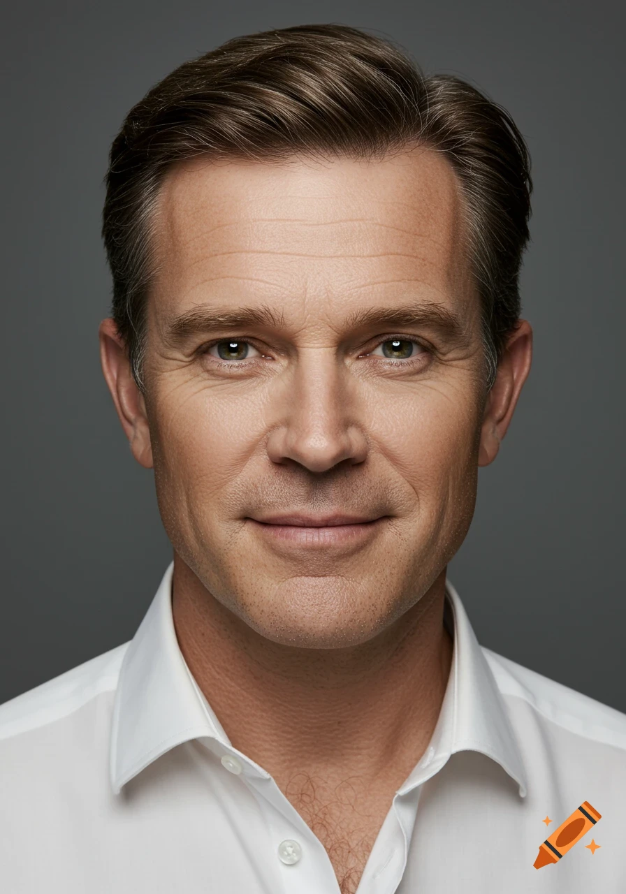 A close-up photorealistic portrait of a middle-aged man with blue eyes ...