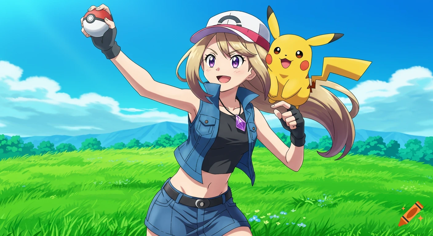 Anime girl throwing a Pokéball with Pikachu on her shoulder in a grassy ...