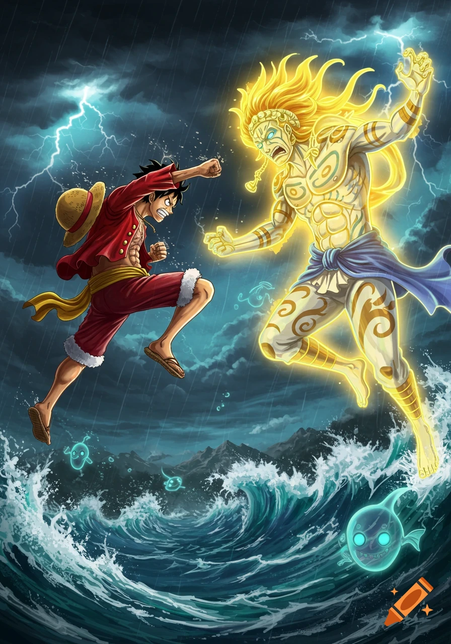 Anime style image of Luffy punching a glowing golden humanoid figure ...