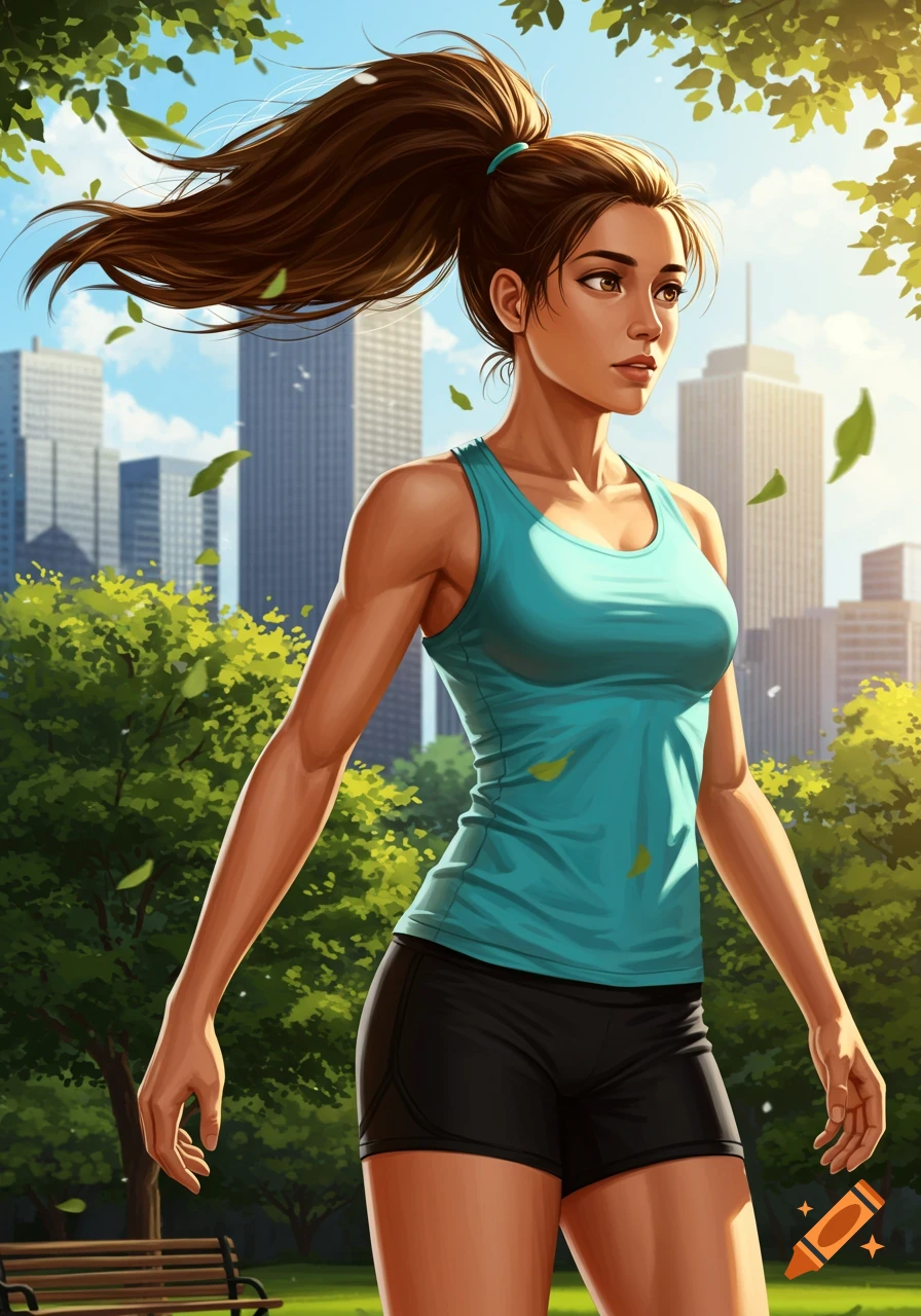 A slim anime woman in a grey tank top and shorts stands barefoot in a ...