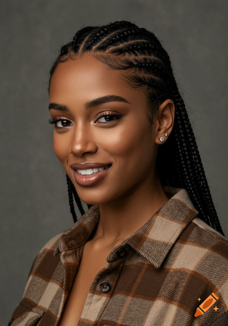 A photorealistic portrait of a smiling woman of color with cornrows and ...