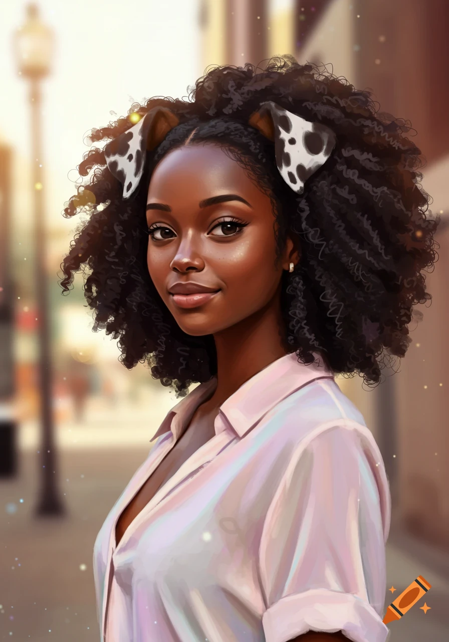 A young Black woman with curly hair and Dalmatian ears wears a pink ...