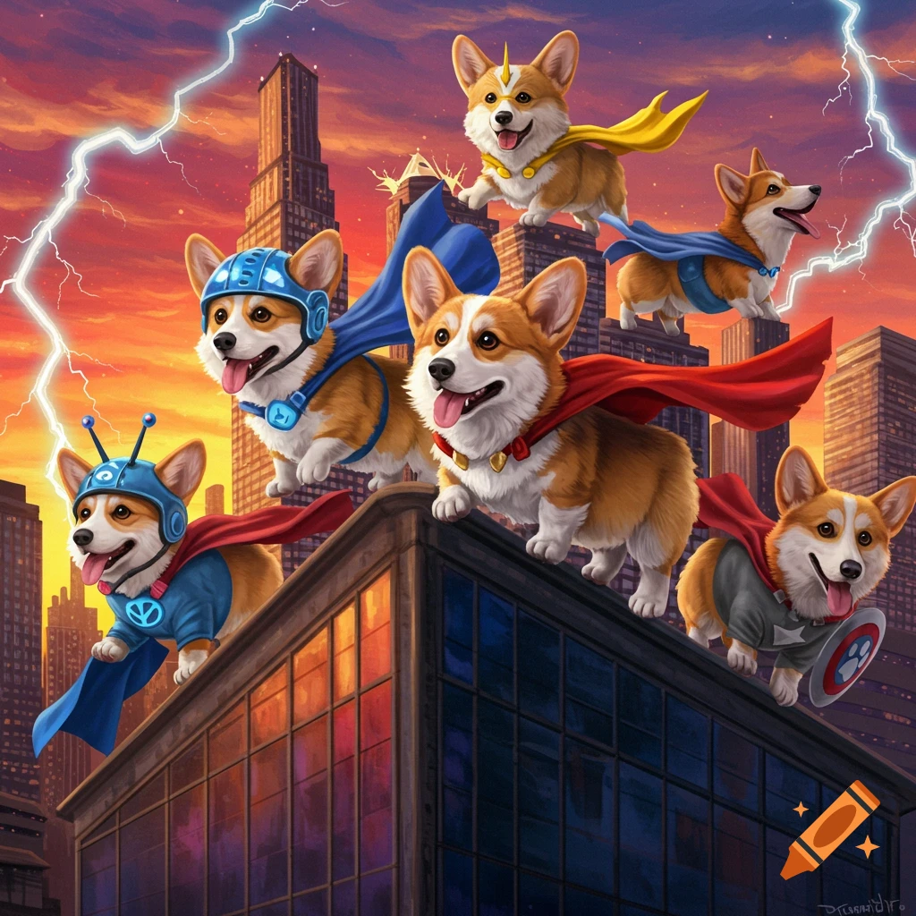 Multiple cute corgi superheroes fly above a city skyline with lightning ...
