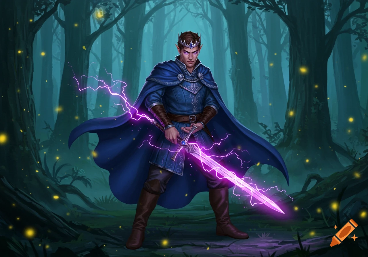 A regal elf-like prince in blue attire holding a glowing purple ...