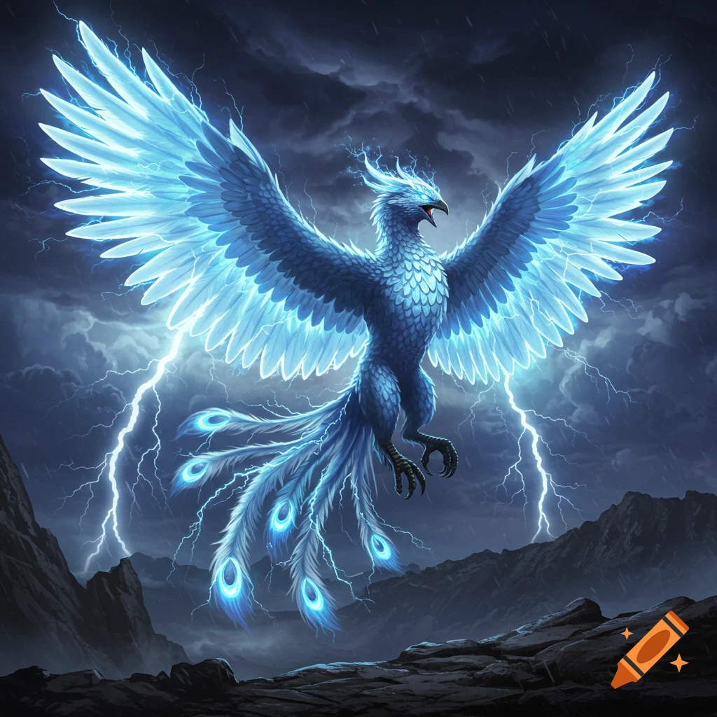 A majestic red and gold feathered phoenix-like creature with large ...