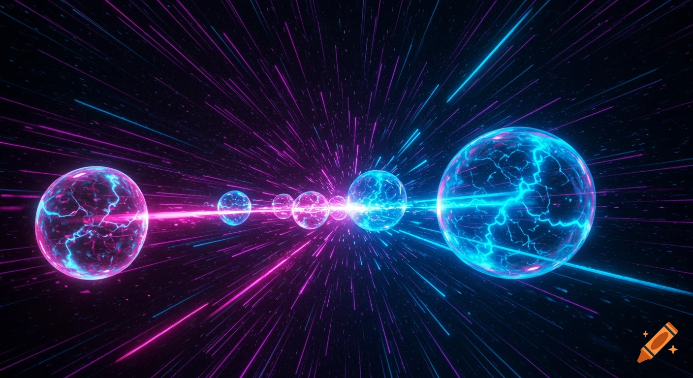 Luminous pink and blue electric bubbles fly at warp speed through a ...