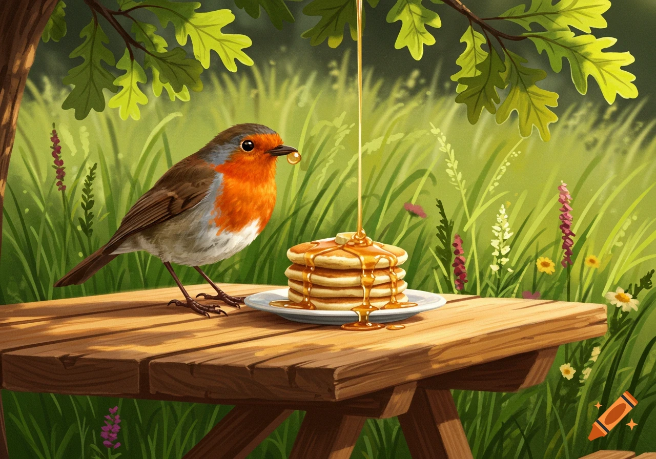 An illustrative image of a robin on a picnic table next to pancakes ...