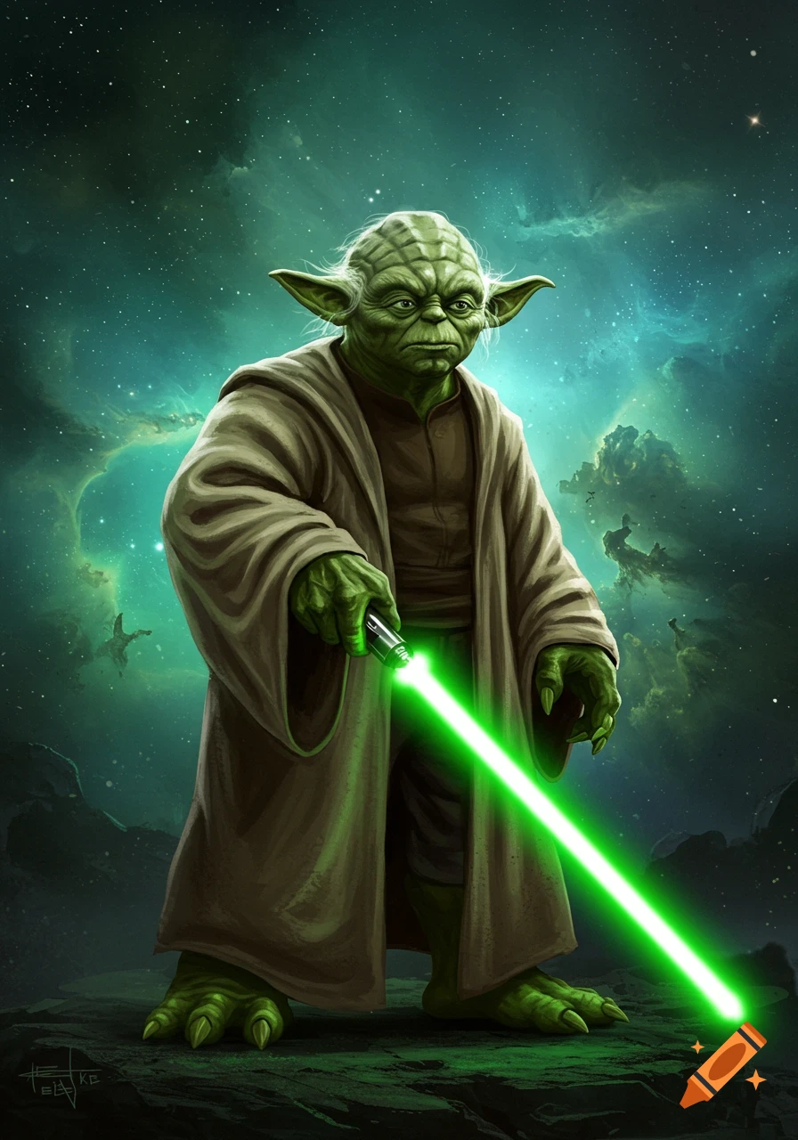 A detailed illustration of Yoda standing in shallow water in a misty ...