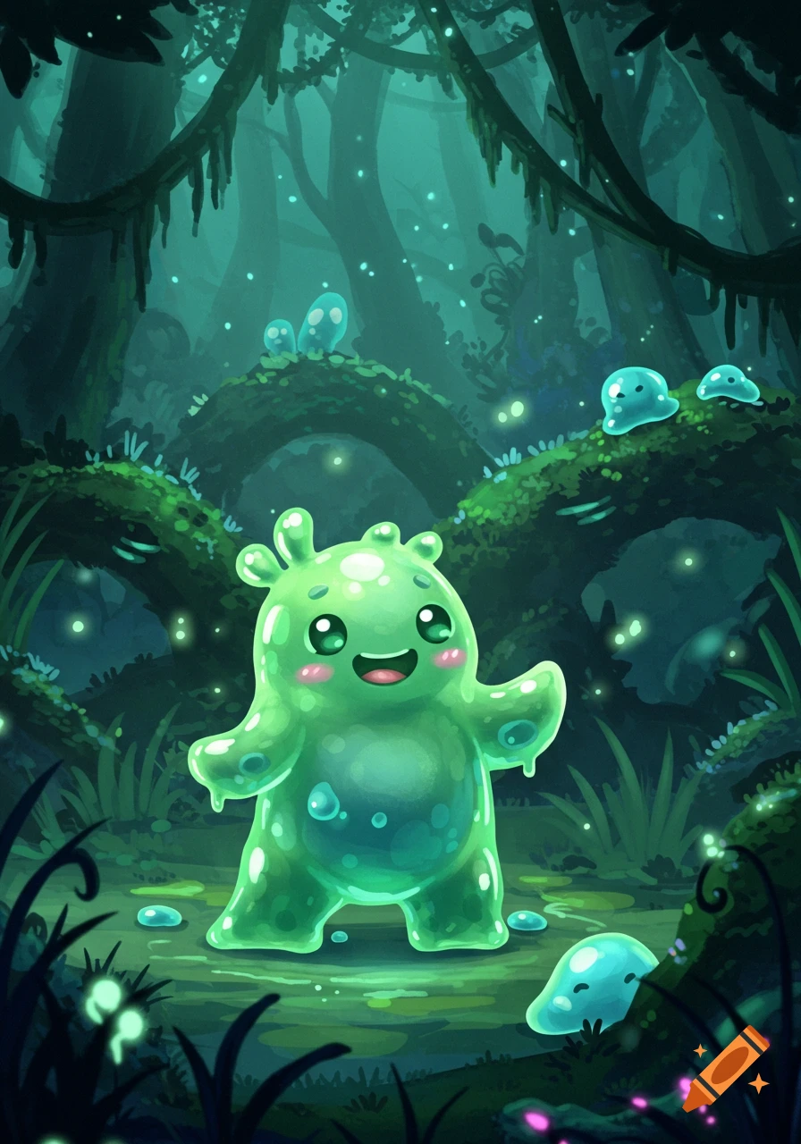A cute, iridescent green slime creature with big eyes sits in a vibrant ...