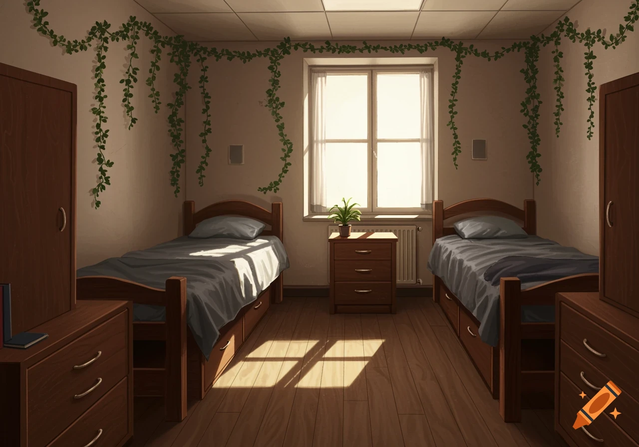 A cozy dorm room with two twin beds, brown wooden furniture, and green ...