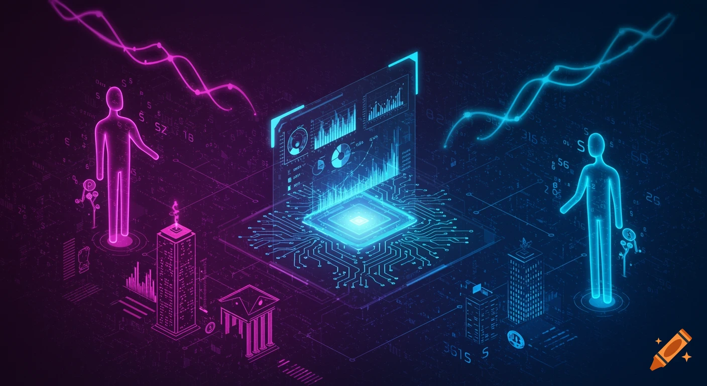 Futuristic digital scene with glowing pink and blue human figures ...