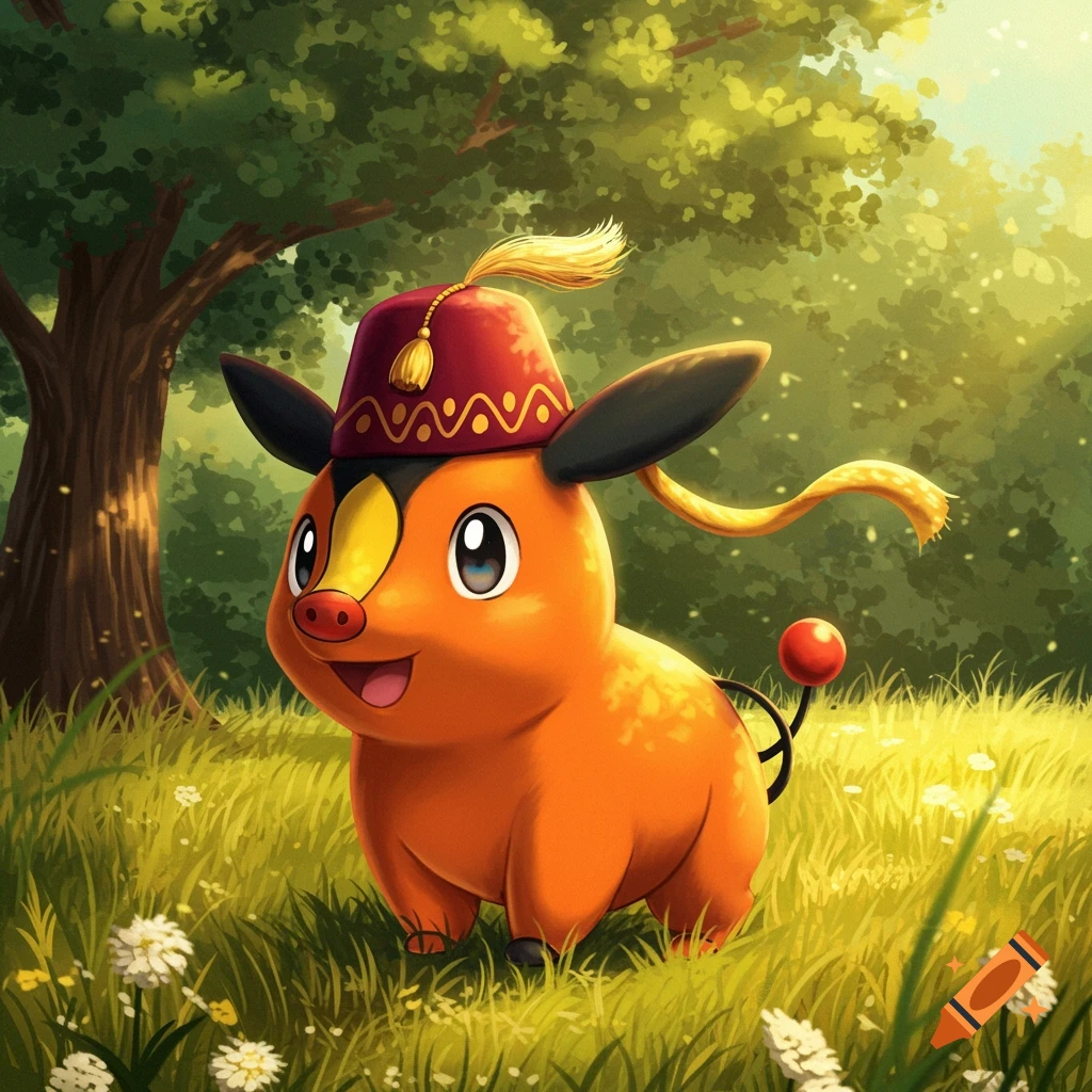 A happy, orange, pig-like Pokemon wearing a red fez stands in a sunny ...