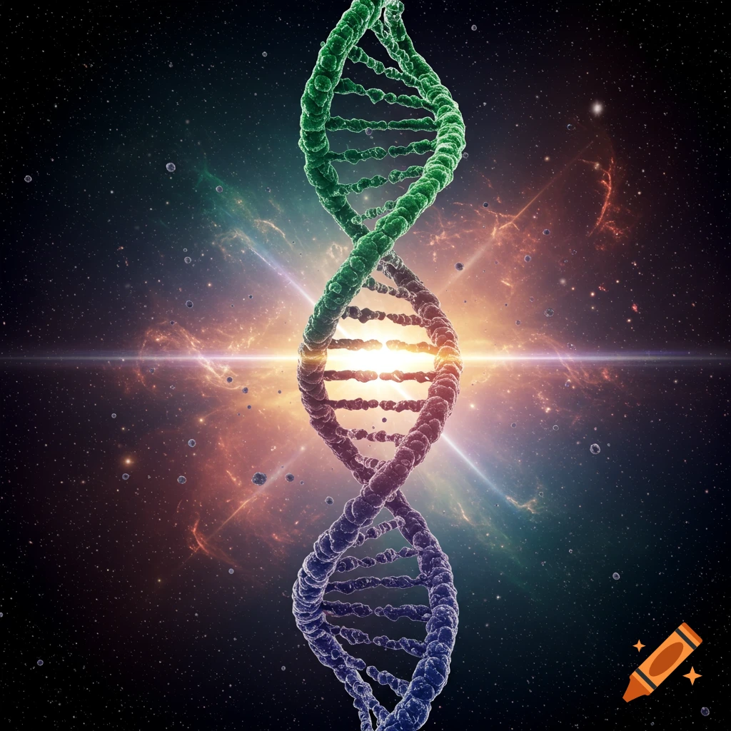 A glowing sword entwined with a large DNA helix against a dark blue ...