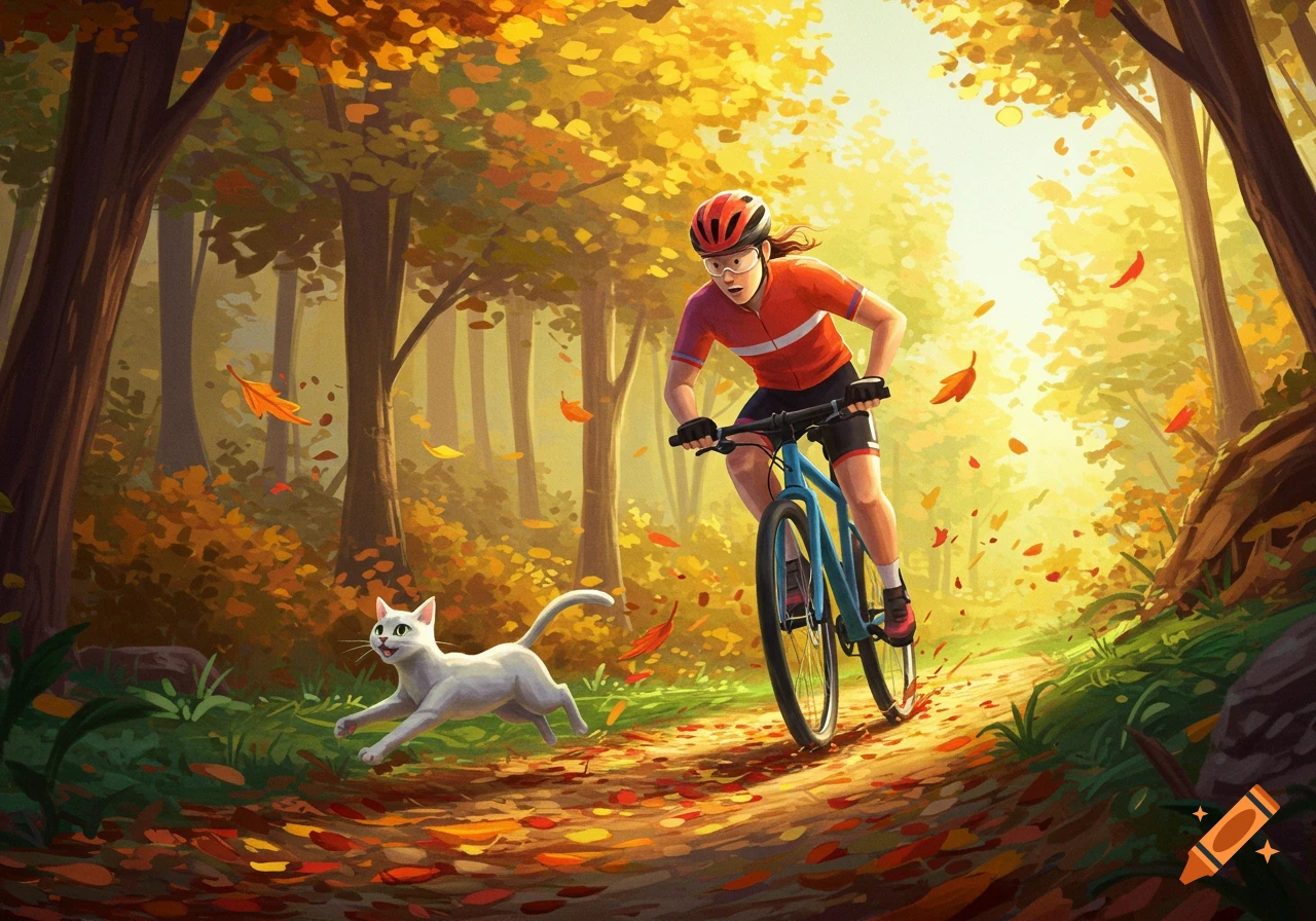 A person on a bike cycles through an autumn forest with a white cat ...