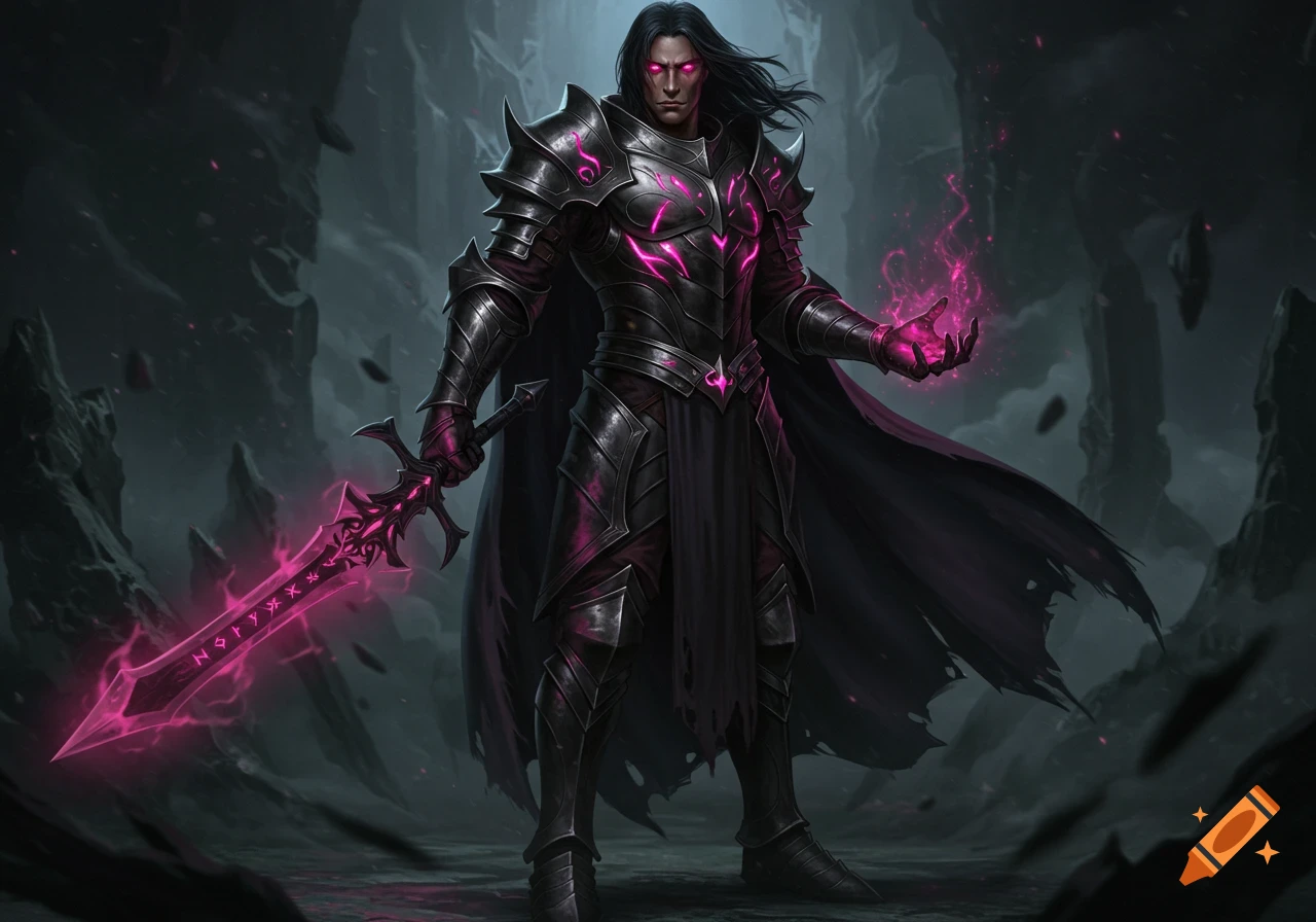 A dark fantasy villain in black armor with hot pink glowing runes ...