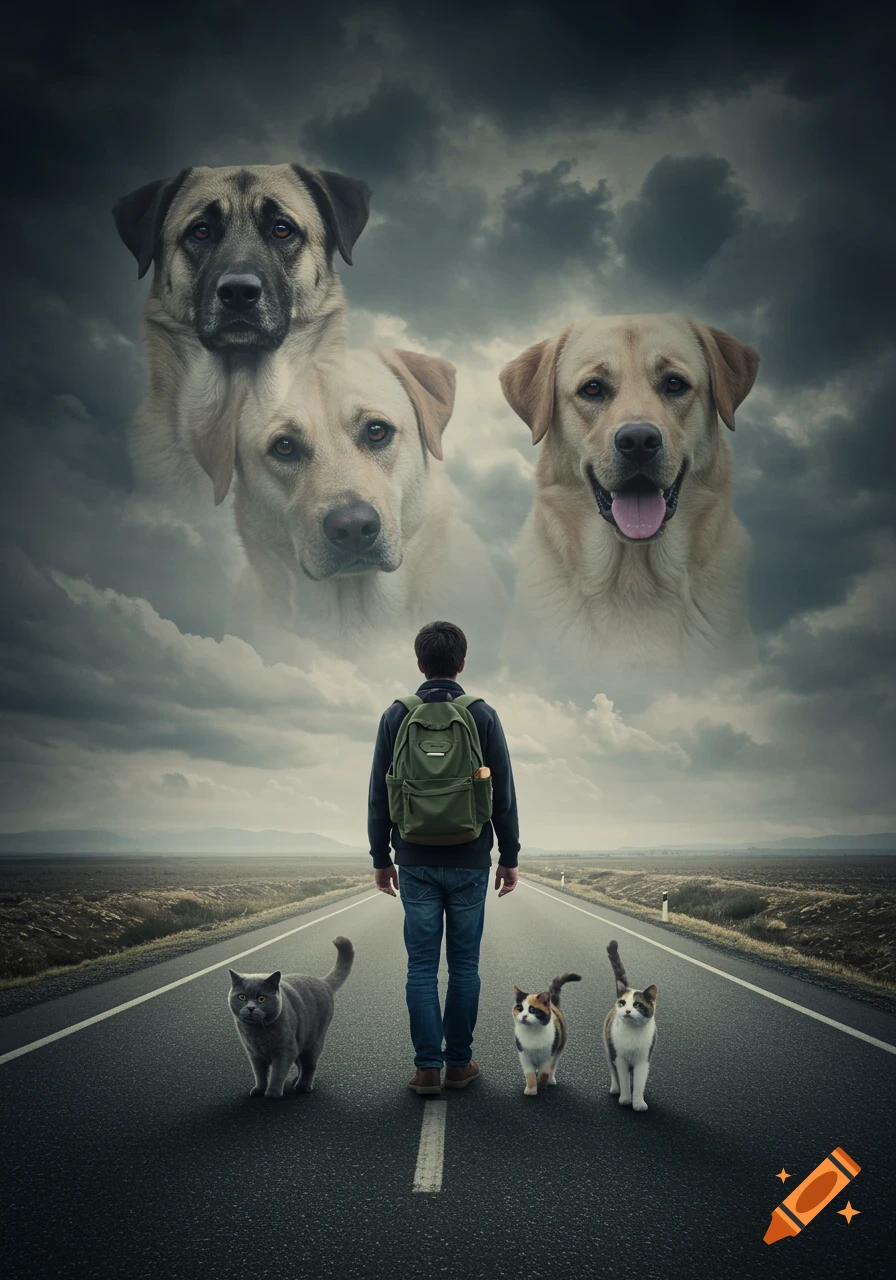 A man with a backpack walks down a desolate road with two cats, while three large dog faces ...