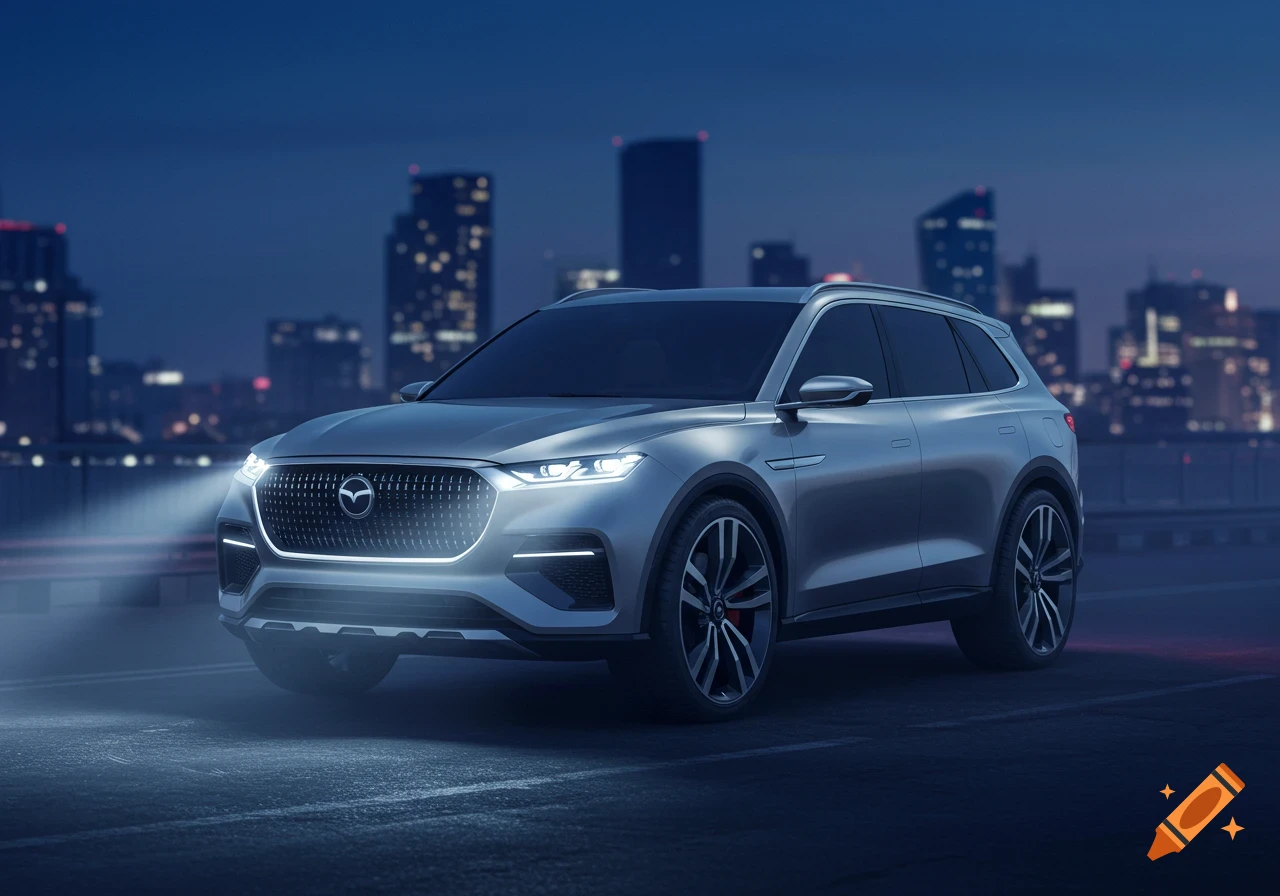 A sleek silver SUV with its headlights on, parked on a road at night ...