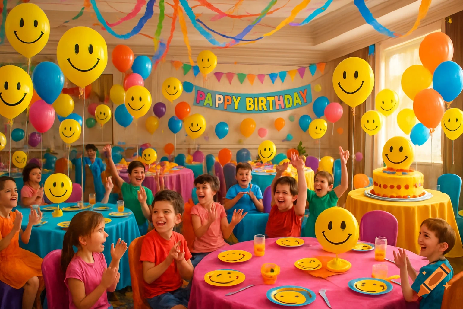 A colorful children's birthday party in a banquet hall with kids ...