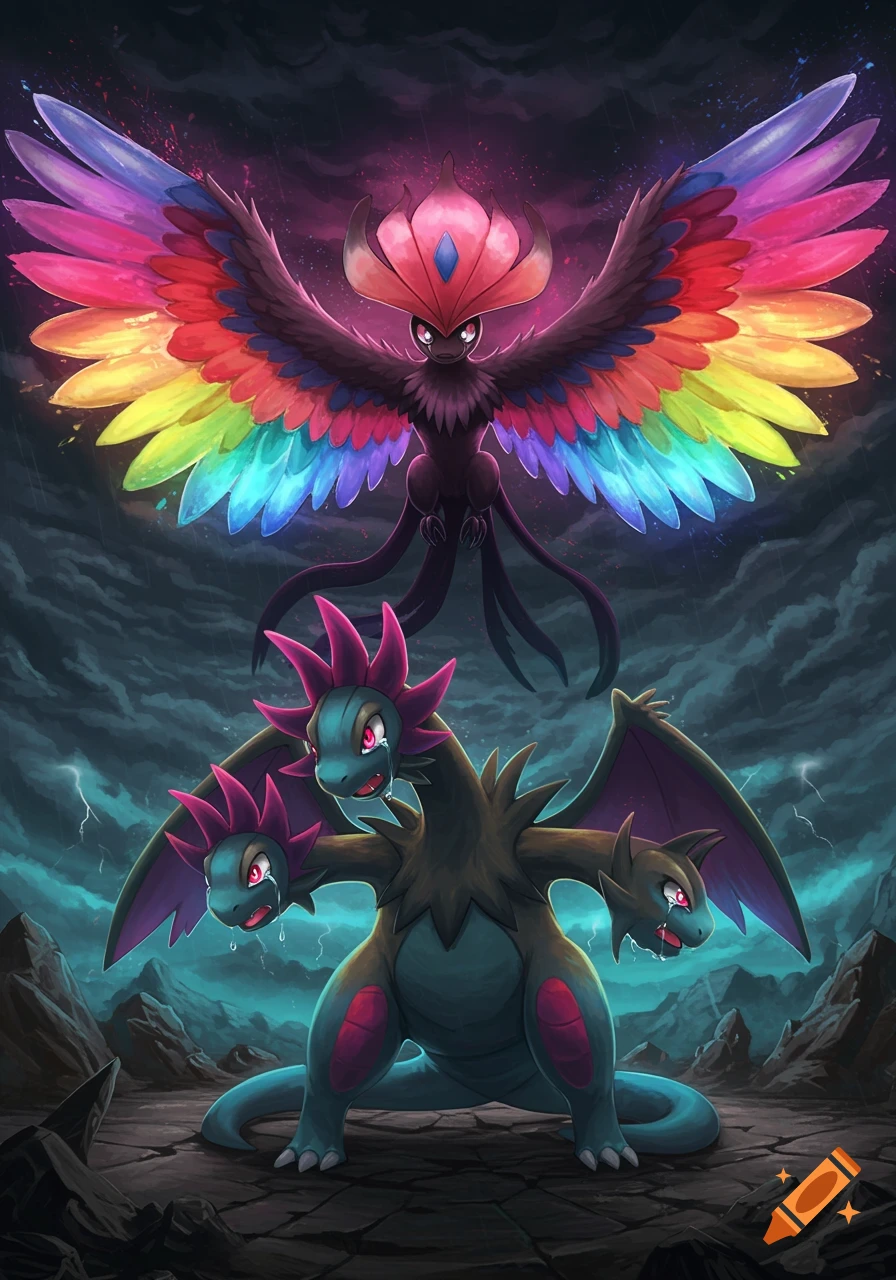 An electric blue jay Pok smon with lightning, standing under spotlights ...