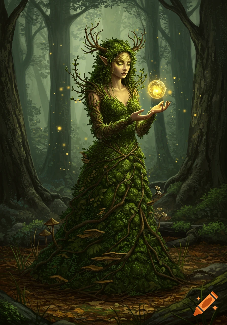 A red-haired witch in a green cloak stands before a large tree adorned ...
