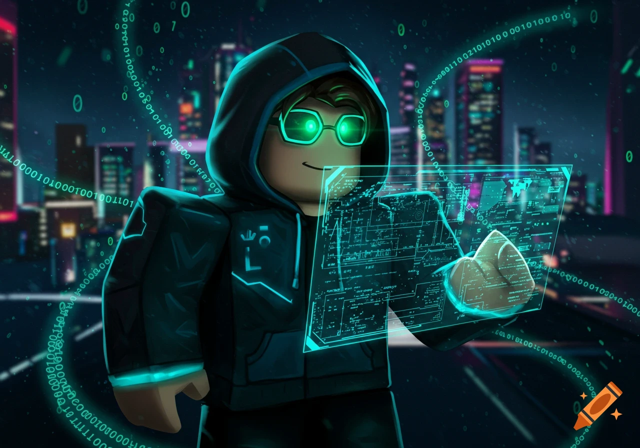 Three Roblox-style characters in a neon-lit cyberpunk city street at ...