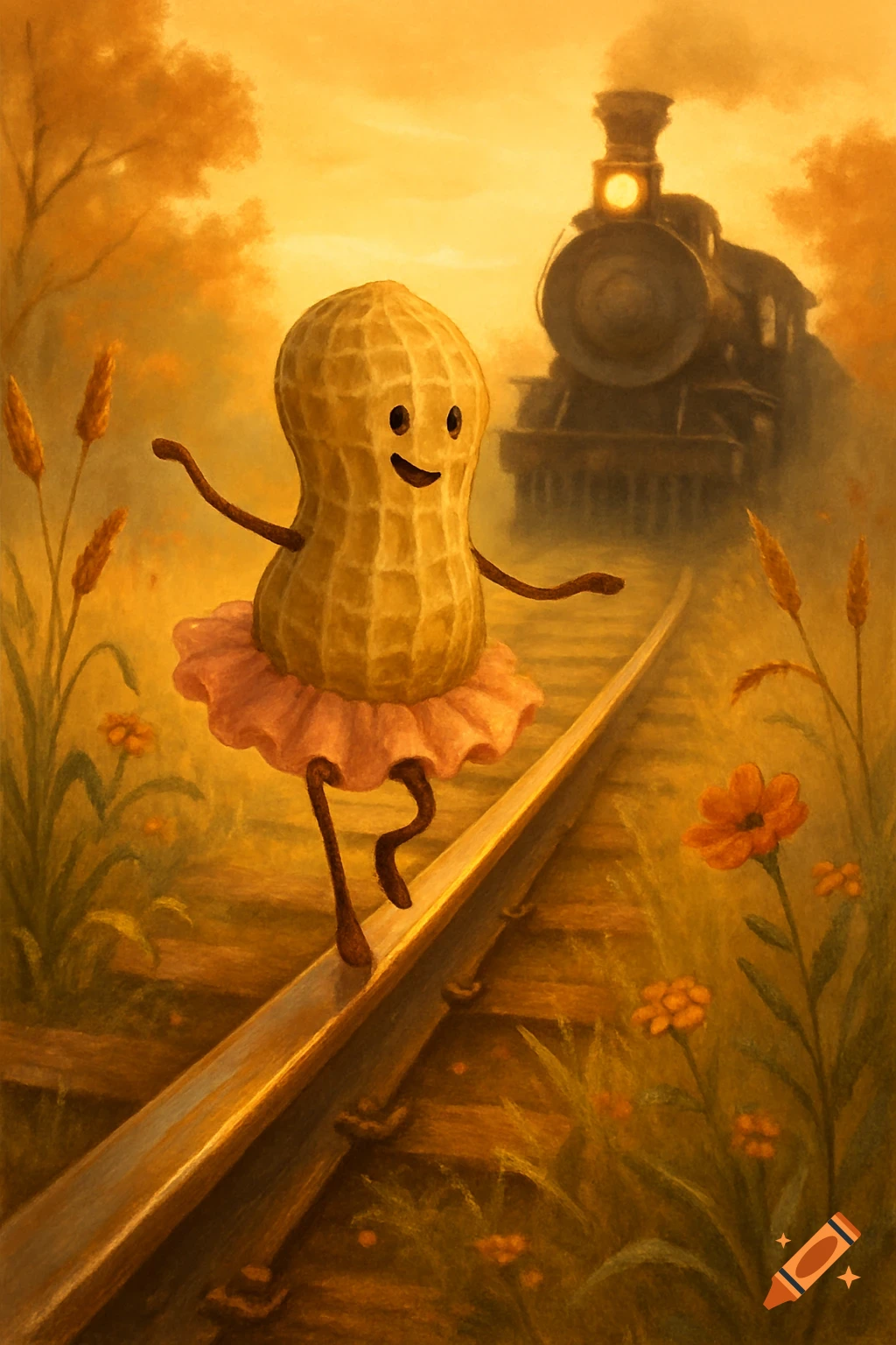 A whimsical peanut character in a pink tutu balances on a train track ...