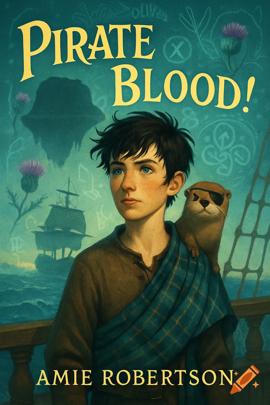 Illustrated book cover of 'PIRATE BLOOD!' showing a boy on a pirate ...