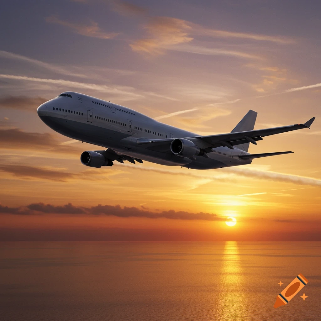 A photorealistic Boeing 747 airplane flies over a calm ocean at sunset, with an orange sky. on ...