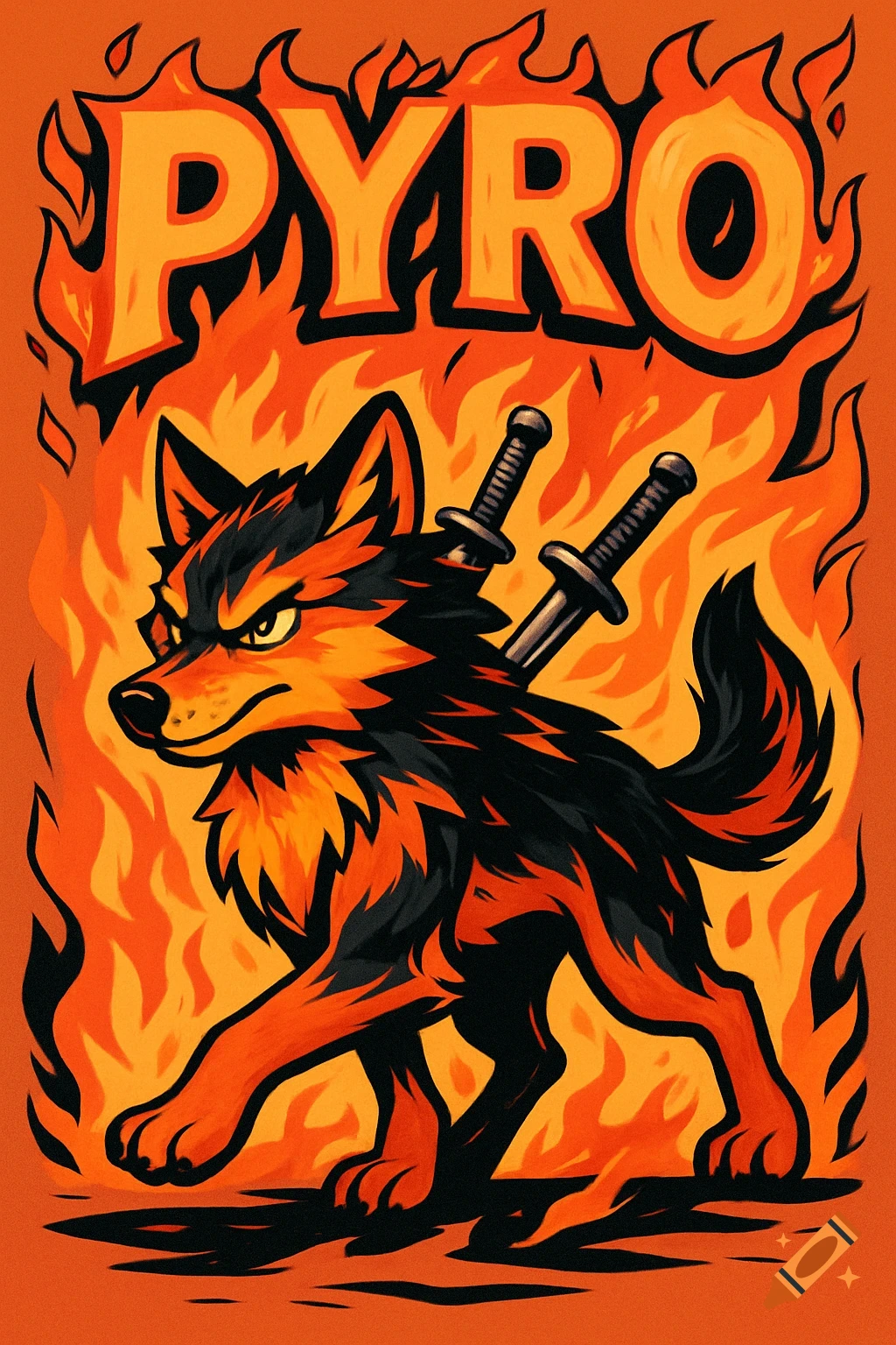 Cartoon style illustration of a fierce black and orange wolf with two ...